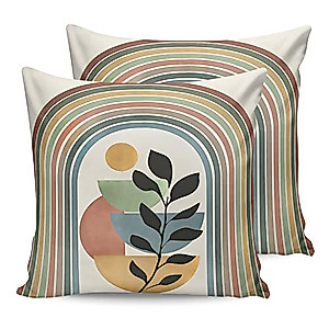 Outdoor Pillow Covers Waterproof, Boho Geometry Throw Pillowcase Decorative Cover, Rainbow Striped Middle Century Northern Europe Garden Cushion Case Set of 2 for Sofa, Couch, Tent, Patio 16"x16"