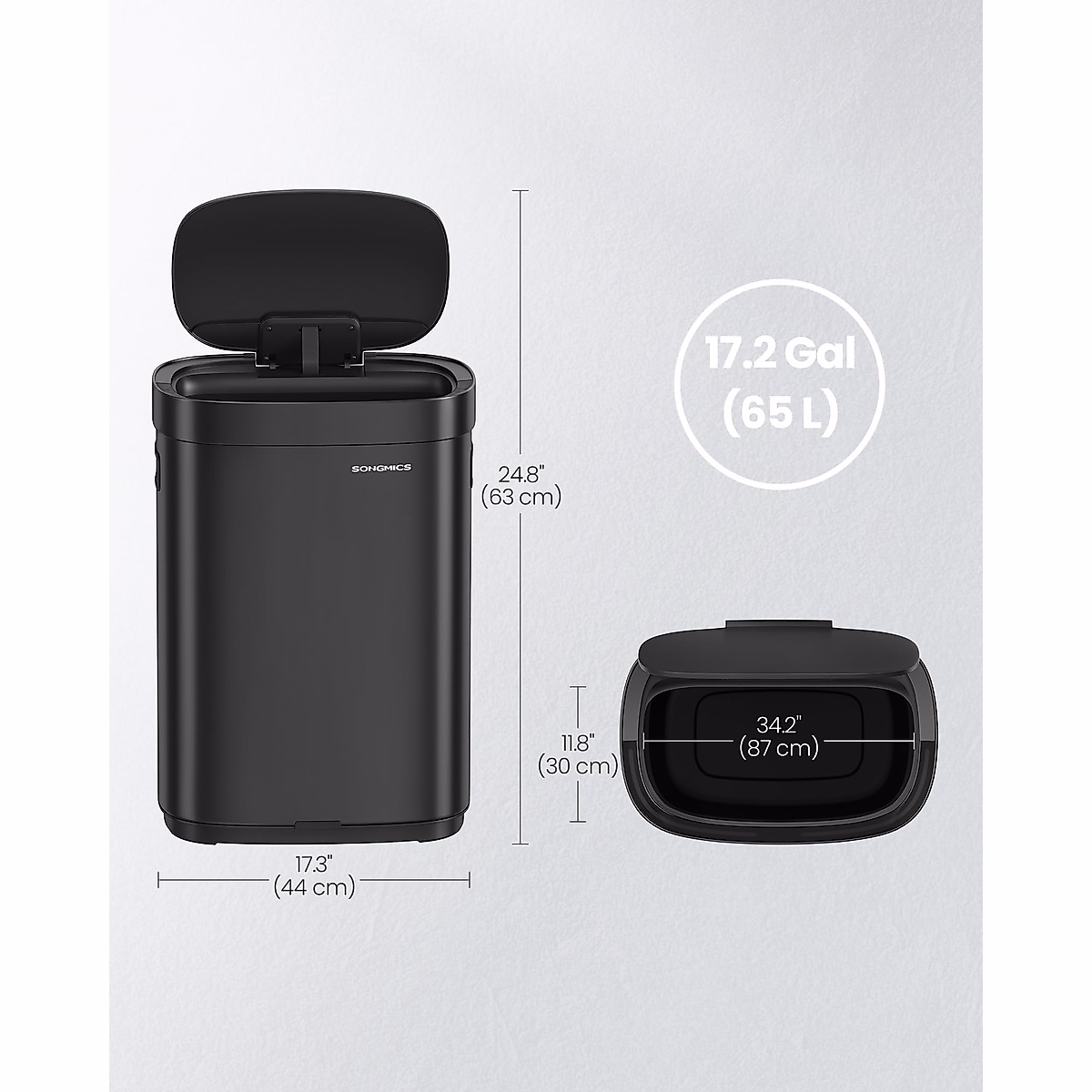 SONGMICS Kitchen Trash Can, 17.2-Gallon (65 L) Motion Sensor Garbage Can, Stainless Steel Trash Bin, Ozone Odor Control, Stay-Open, Ink Black ULTB660B01