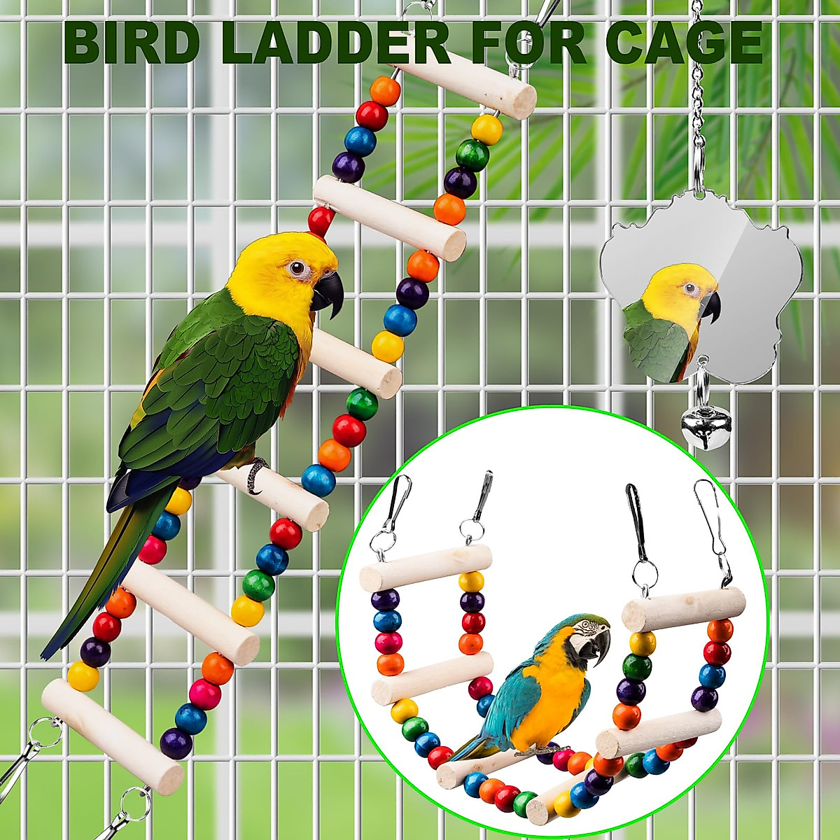 Bird Toys for Parakeets 7Pcs, Wood Parrots Toys Budgie Toys for Bird Cage Accessories, Bird Perch Swings for Small Birds Toys, Conure Cockatiel Toys, Bird Ladder Swing for Parakeets Climbing 18''