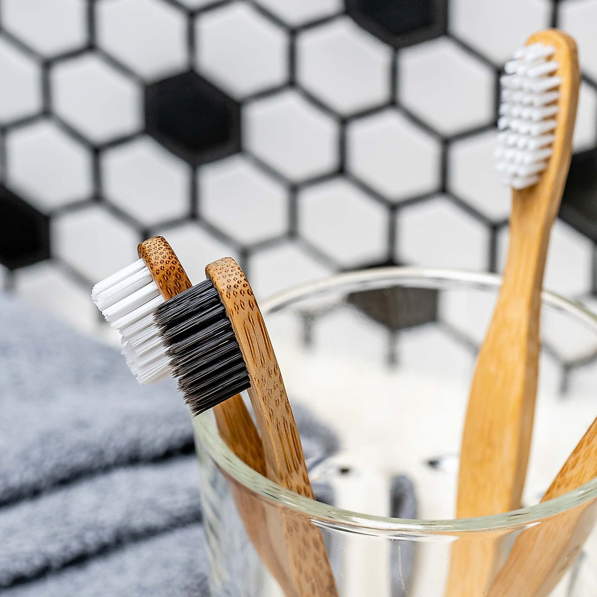 Bamboo Toothbrushes Medium Bristles 5-Pack – 4 White Wooden Toothbrushes, 1 Black Charcoal Toothbrush – Biodegradable Natural Eco Friendly