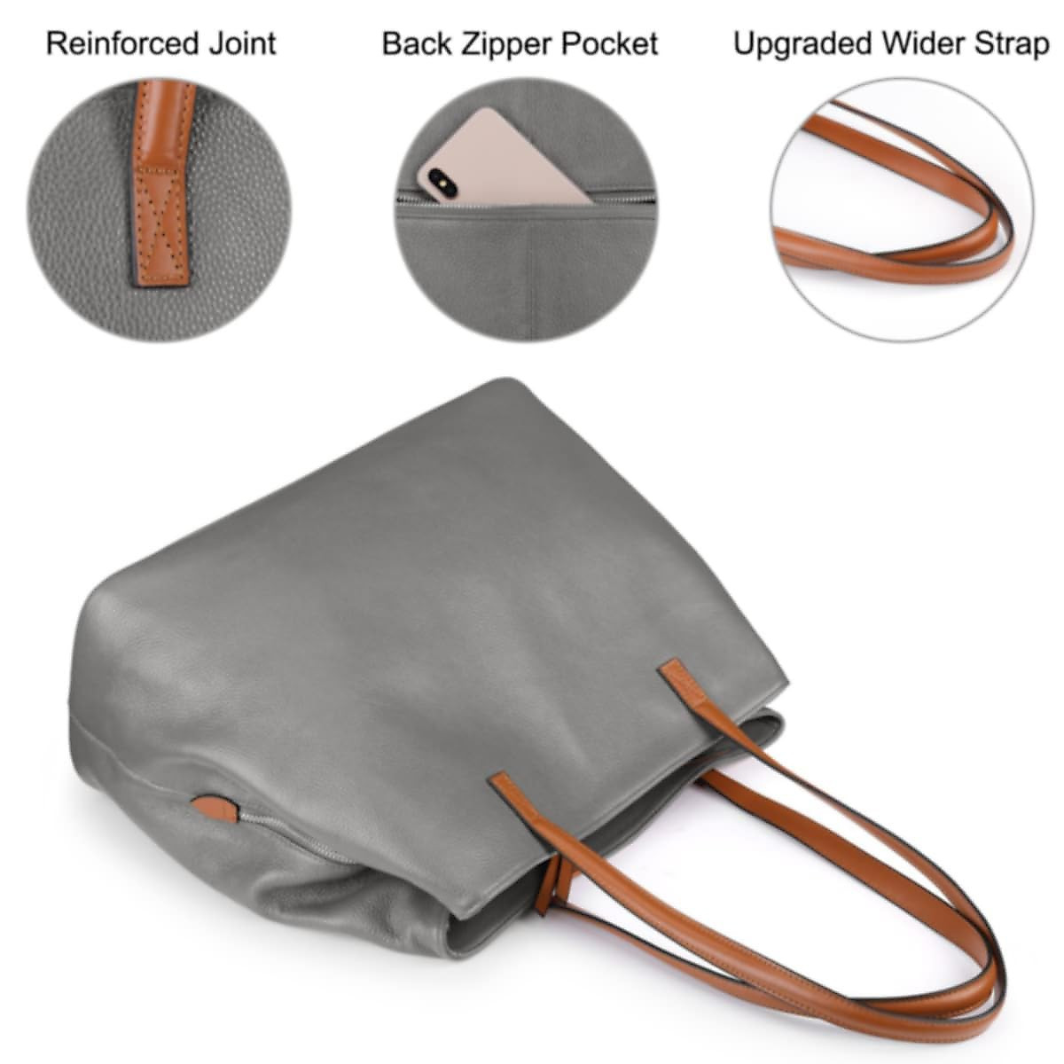 S-ZONE Leather Tote Bag for Women with Zipper Soft Genuine Leather Handbags Shoulder Bags Big Large Capacity Grey