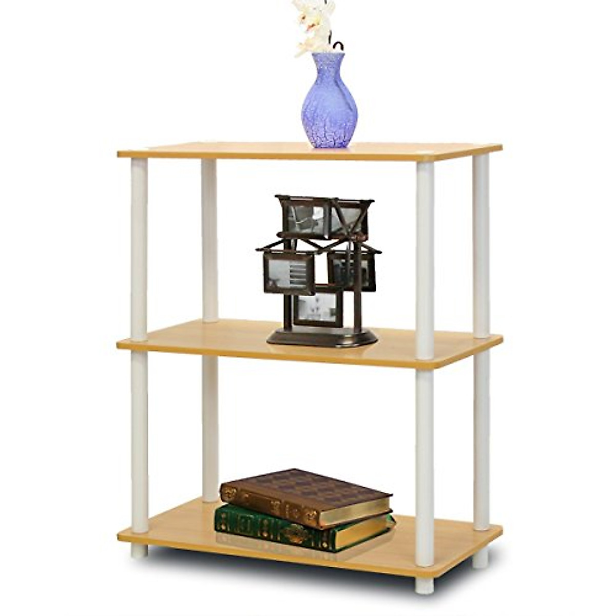 Furinno Turn-N-Tube 5-Tier Multipurpose Shelf/Display Rack/Storage Shelf/Bookshelf, Round Tubes, Beech/White & Turn-N-Tube Display Rack, 3-Tier Single, Beech