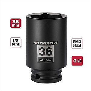 MIXPOWER 1/2" Drive Deep Impact Socket, CR-MO, 36 mm, METRIC, 6 Point, Axle Nut Impact Grade Socket for Easy Removal