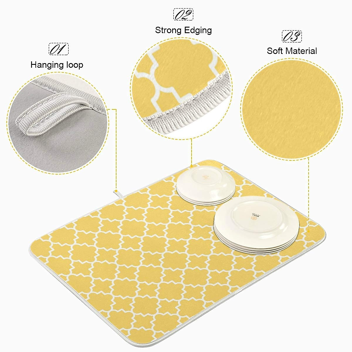 SUABO Yellow Geometric Lattice Dish Drying Mat for Kitchen, 18x24 Inch Microfiber Mat Absorbent Reversible