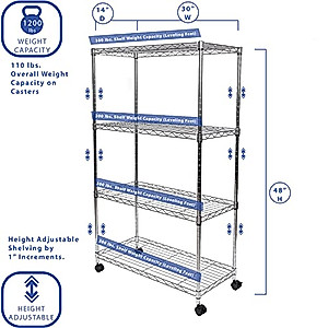 Seville Classics Solid Steel Wire Shelving Storage Unit Adjustable Shelves Organizer Rack, for Home, Kitchen, Office, Garage, Bedroom, Closet, Steel, 4-Tier, 30" W x 14" D