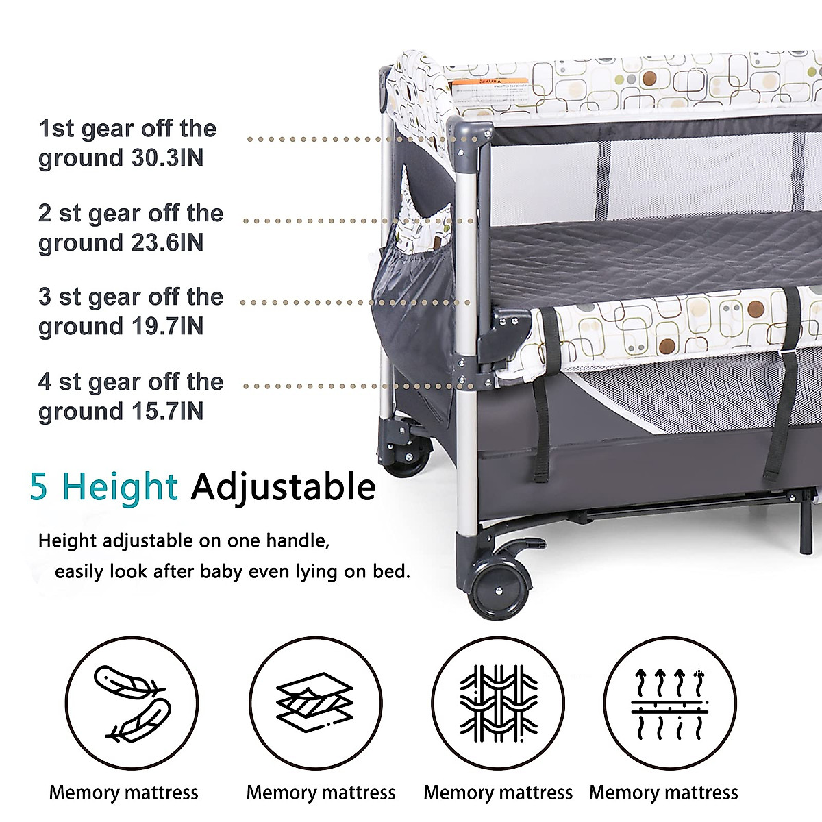 Heyo.Ja Double Layer Baby Portable Playard, 5 Height Adjustable Crib,Changing Table, Foldable Bassinet Bed with Luxury Mosquito Net,Toys Bag,Wheels & Brake, Game Entrance for Boys Girls(Grey)