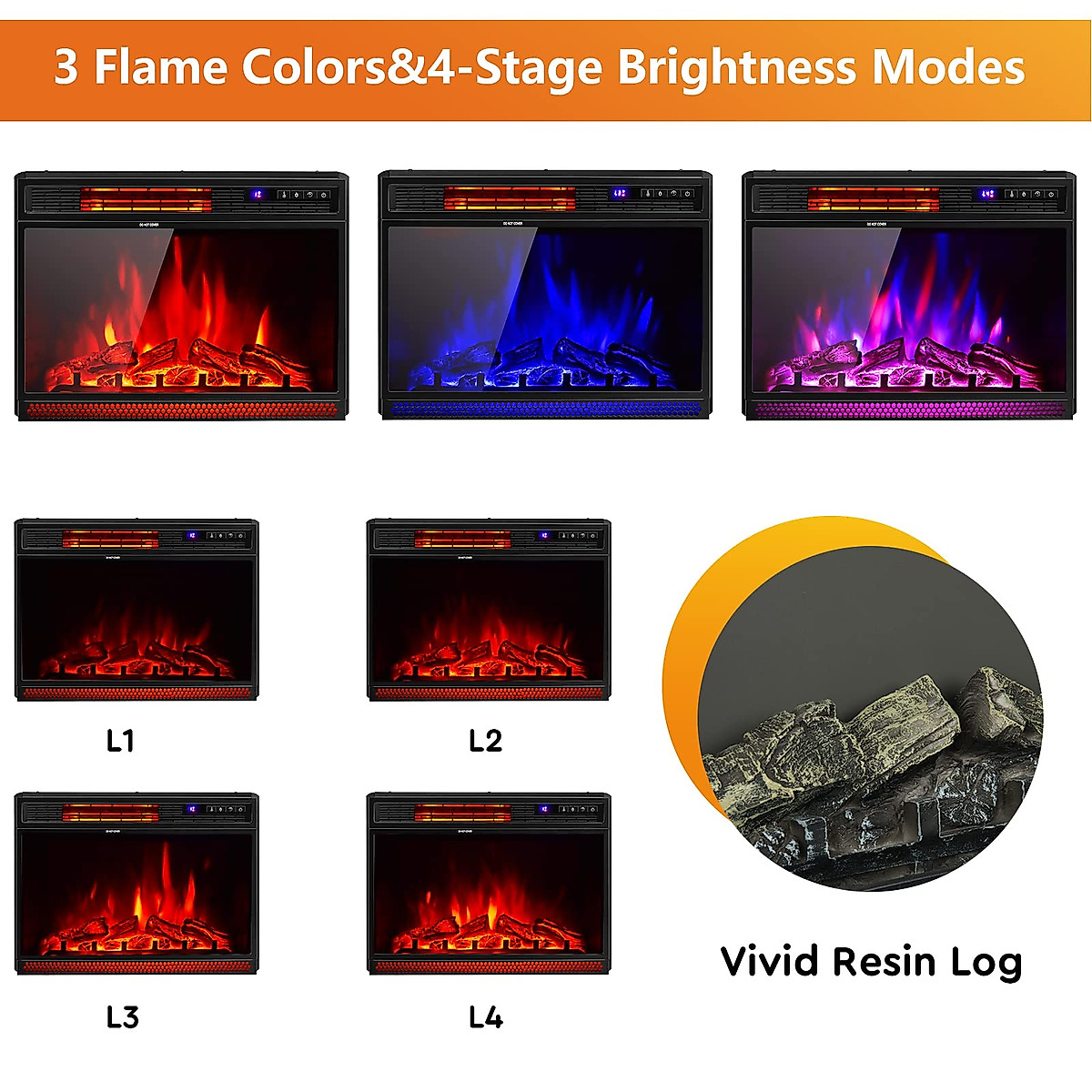 ORALNER Electric Fireplace Insert 25 Inch, Recessed Fireplace Heater with Adjustable Brightness, Remote Control & 6H Timer, Overheating Protection, 900W/1350W Fireplace Insert for TV Stand, Black