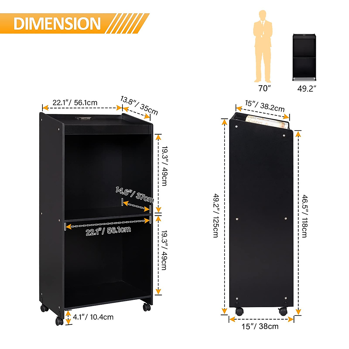 VINGLI 46.5”H Portable Podium Stand Mobile Lectern Podium with Storage Compartments, Pulpits for Churches, Reception Desk Checkout Stand for Meeting Room, Auditorium, Classroom and Reception, Black