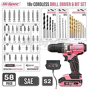 Hi-Spec 58pc Pink 18V Cordless Power Drill Driver, Bit Set & Case. Complete Home & Garage DIY Tool