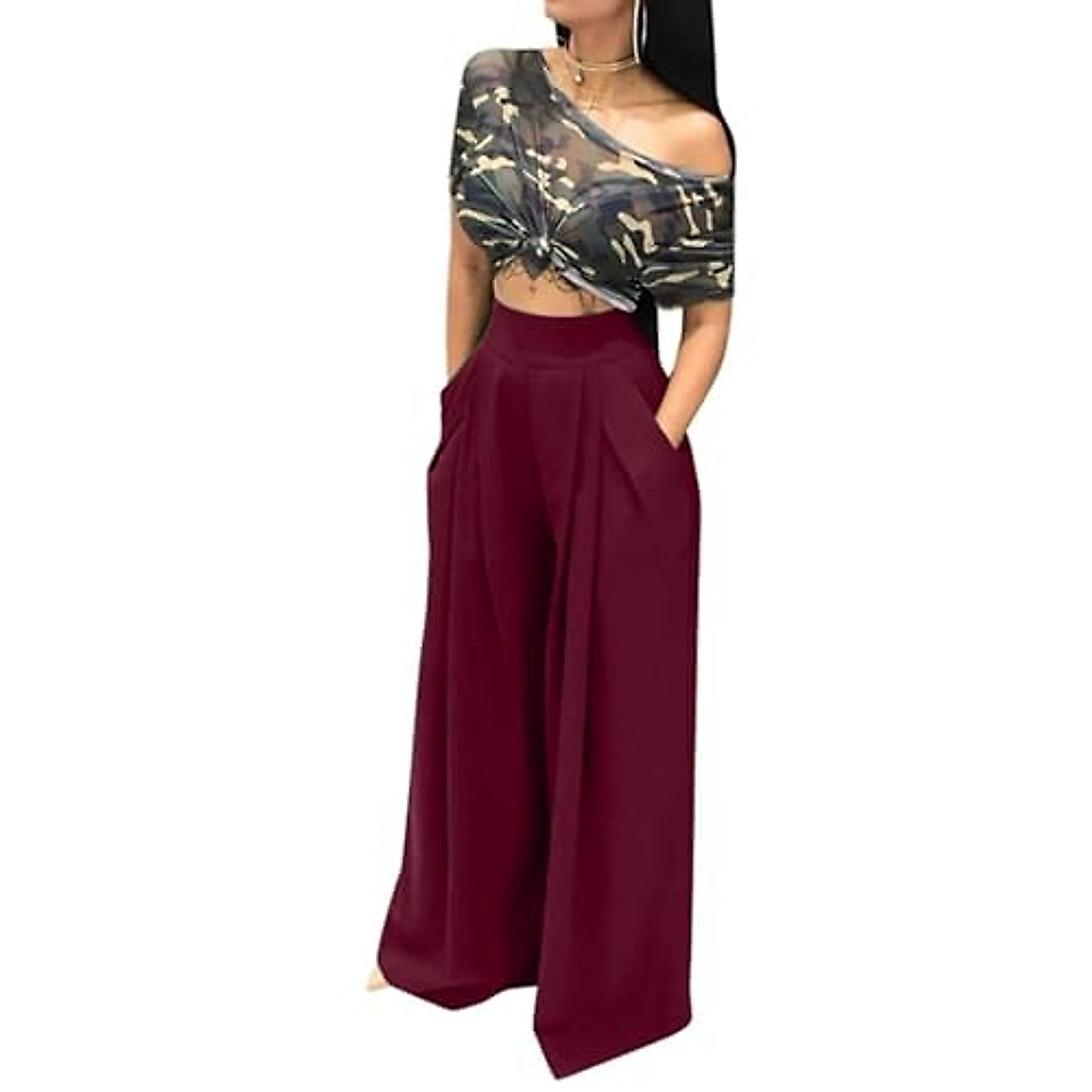 LROSEY Women's Stretchy Solid Color High Waisted Wide Leg Palazzo Pants with Pockets Wine