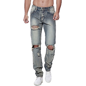 Previn Men's Ripped Denim Jeans Distressed Slim Trousers Destroy Holes Stretch Biker Pants Style1 40W x 32L