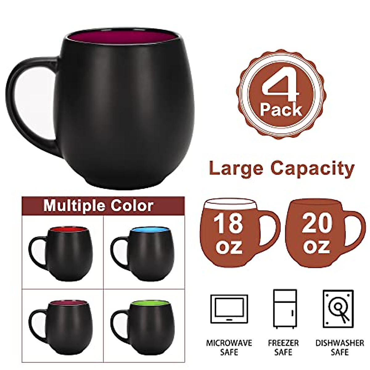 Vivimee 4 Pack Ceramic Coffee Mug Sets, 20 Ounce Large Coffee Mugs, Black Coffee Mug, Restaurant Coffee Cups for Coffee, Tea, Cappuccino, Cocoa, Cereal, Black outside and Colorful inside