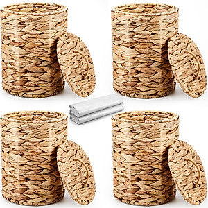 Ctosree 4 Pcs Small Wicker Trash Can Basket Woven Waste Basket with Lid Bathroom Boho Wastebasket Garbage Bin with 200 Pieces of Trash Bags for Bedroom Bathroom Office Garbage Living Room Kitchen
