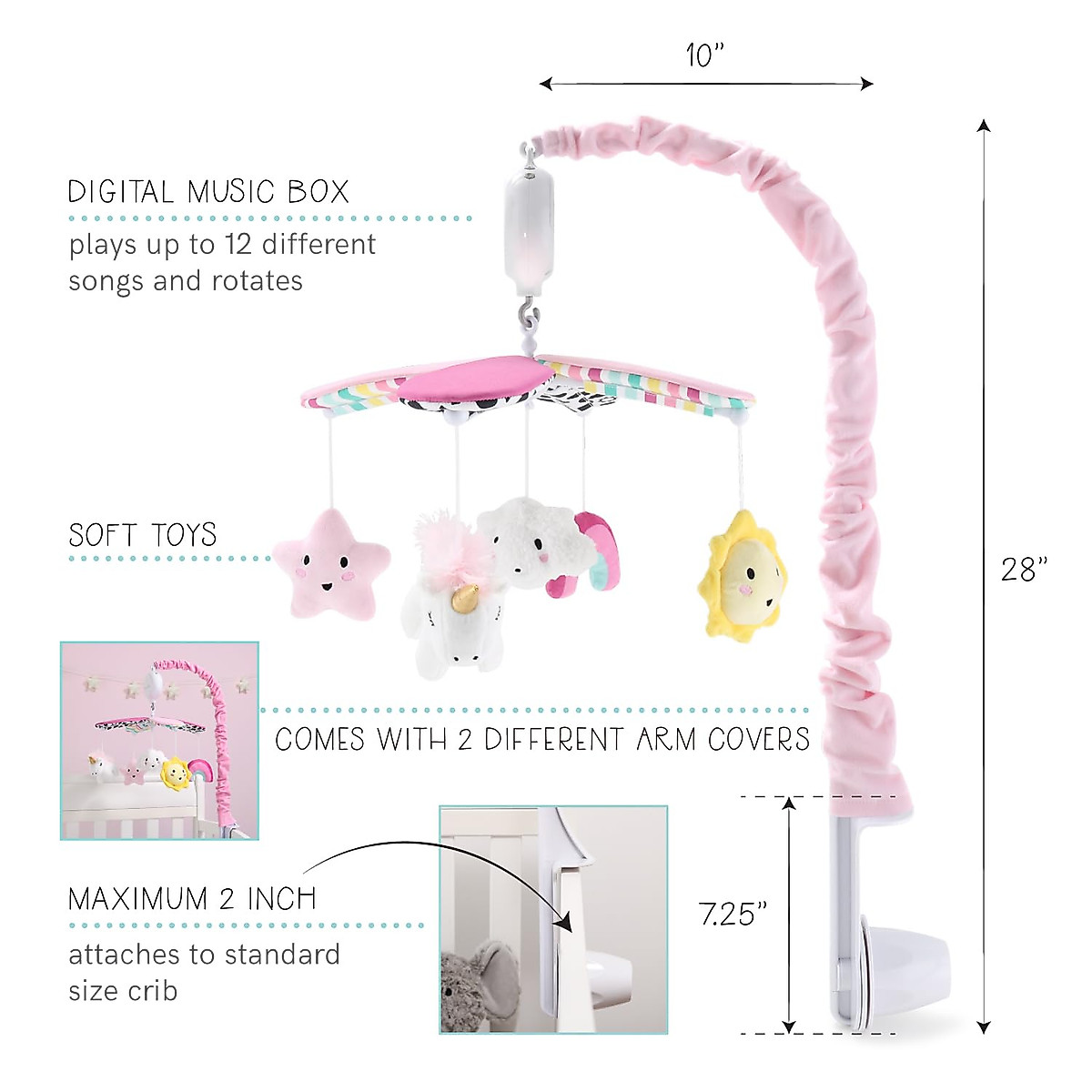 The Peanutshell Crib Mobile for Girls, Unicorn, Stars, Rainbow, Montessori Inspired