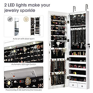 Giantex Wall Door Jewelry Armoire Cabinet with Full-Length Mirror, 2 LEDs Lockable Large Storage Jewelry Organizer with 47.5'' Mirror, Makeup Pouch, Bracelet Rod, Jewelry Amoires with 2 Drawers (White)