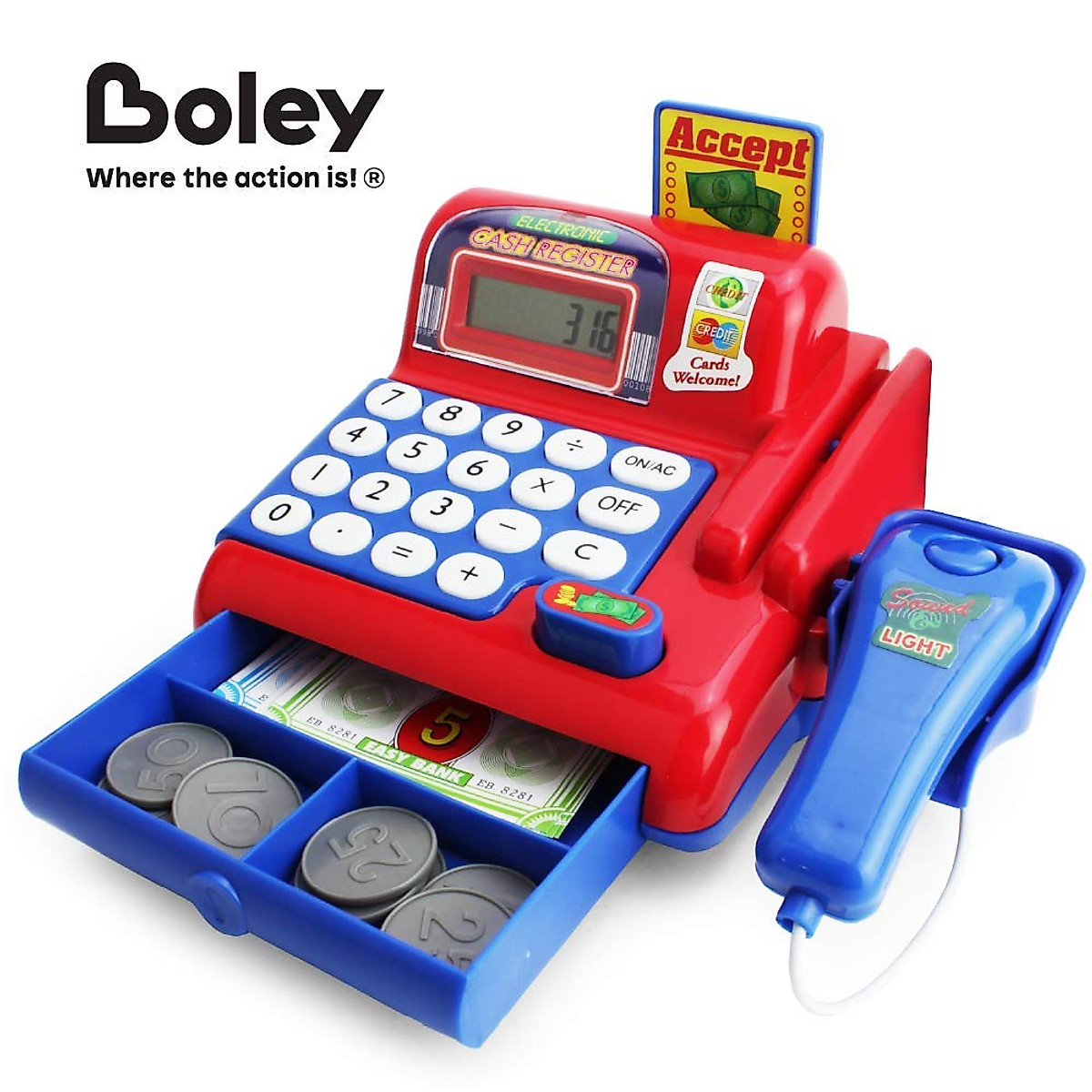 Boley Toy Cash Register with Scanner - Red and Blue Toddler Cash Register Toy for Kids with Calculator and Toy Credit Card Reader