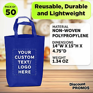 DISCOUNT PROMOS Custom Large Reusable Heavy Duty Tote Bag - 50 Pack - Personalized Logo, Text - Beach Shopping Bag - Reflex Blue