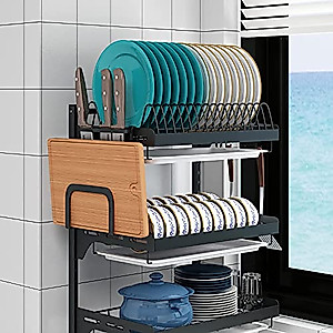 Supfirm Wall Mounted Stainless Steel Dish Drying Rack Fruit Vegetable Storage Basket with Drainboard and Hanging Chopsticks Cage Knife Holder Kitchen Supplies Shelf Utensils Organizer (3-Tier)