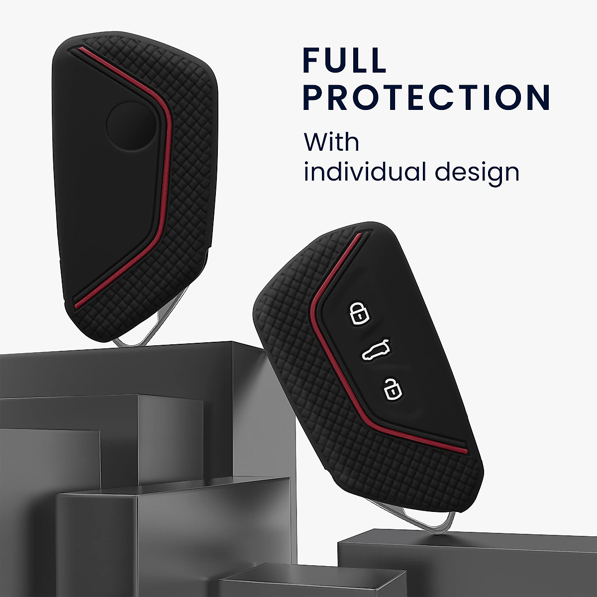 kwmobile Car Key Cover Compatible with VW Golf 8 3 Button Car Key Key Cover - Silicone Protective Car Key Fob Case - Black/Red