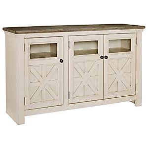 Signature Design by Ashley Bolanburg Farmhouse TV Stand Fits TVs up to 58", 2 Cabinet Doors and 4 Adjustable Storage Shelves, Whitewash & Light Brown