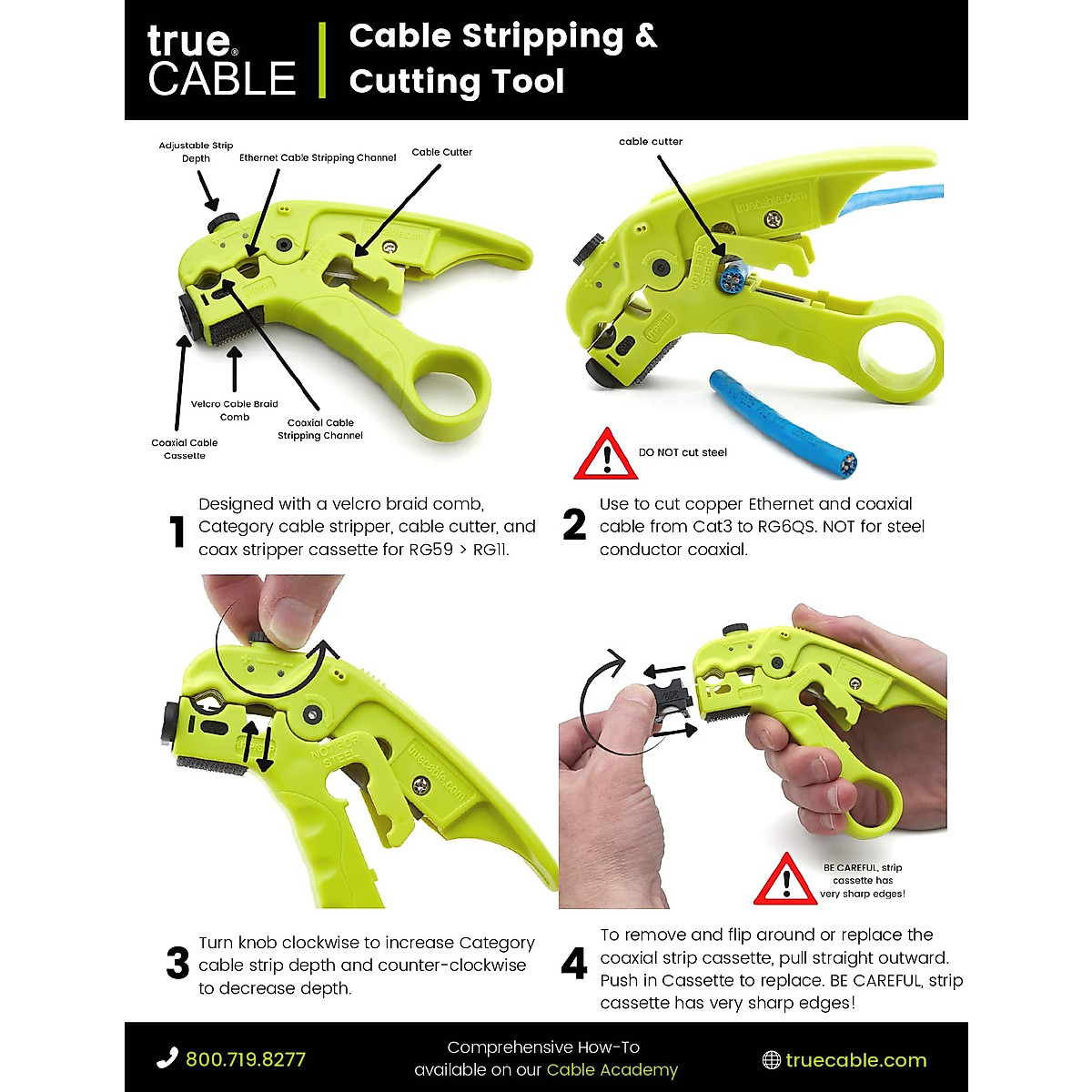 trueCABLE Wire Stripping and Cutting Tool for UTP, FTP, STP, Cat5e, Cat6, Cat6A Ethernet, RG59, RG6, RG7, RG11 Coax Cable, Adjustable Blade Depth