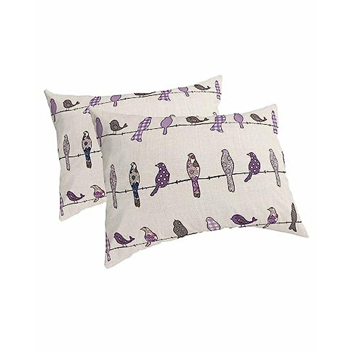 Edwiinsa Purple Grey Plaid Pillow Covers Standard Size Set of 2 20x26 Bed Pillow, Farmhouse Burlap Spring Floral Birds Plush Soft Comfort for Hair/Skin Cooling Pillowcases with Envelop Closure