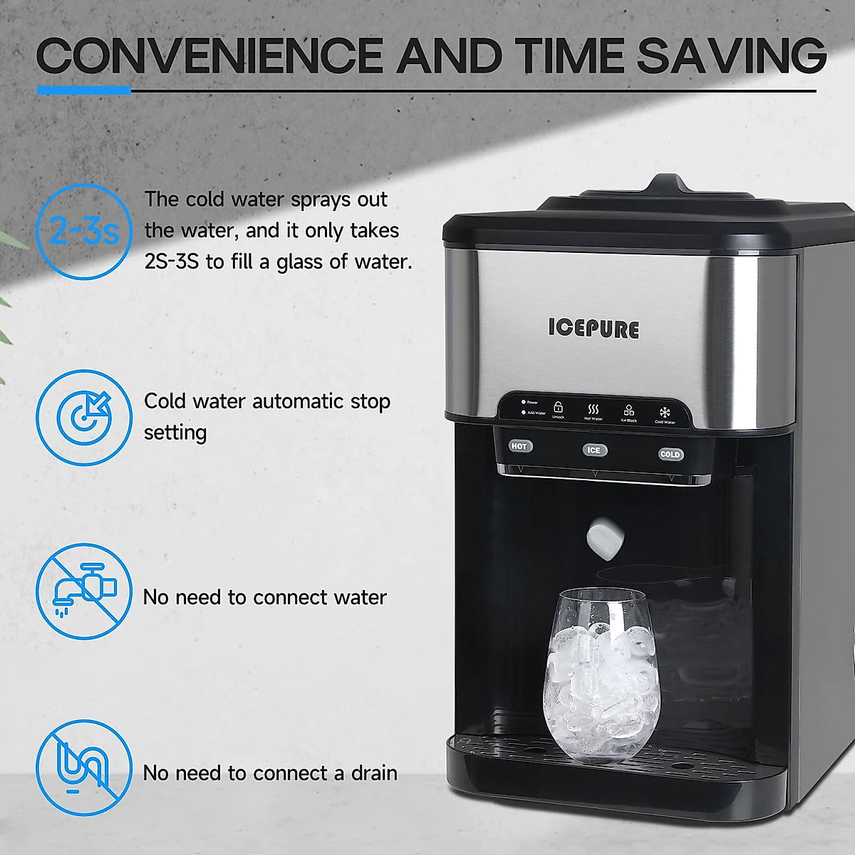 ICEPURE Countertop Water Cooler Dispenser with Ice Maker, 3 in 1 Top-Loading Hot&Cold Water Dispenser 5 Gallon, 3 Temperatures Setting- Hot&Cold Water, Portable Ice Makers for Home Kitchen Office Bar