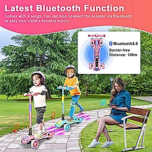 3 Wheel Scooter for Kids, Toddler Scooter with Bluetooth Music Speaker Steam Sprayer LED Lights Aluminum Alloy T-Bar, Folding 3 Wheel Scooter for Boys Girls Ages 3-10 (Pink)