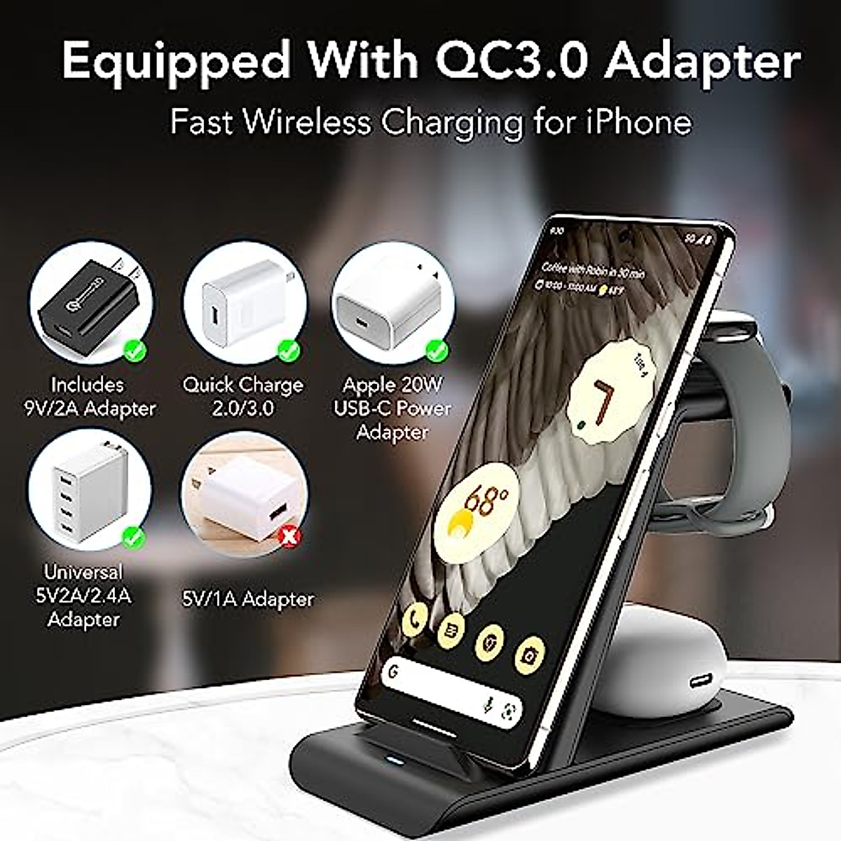 HATALKIN Upgraded Wireless Charger for Google Pixel Watch,3 in 1 Wireless Charging Station for Google Pixel 7/7A/7 Pro/6/6 Pro/5/4/3/XL,Pixel Fold,Pixel Buds Pro,iPhone 14/Samsung S23,Air-pods