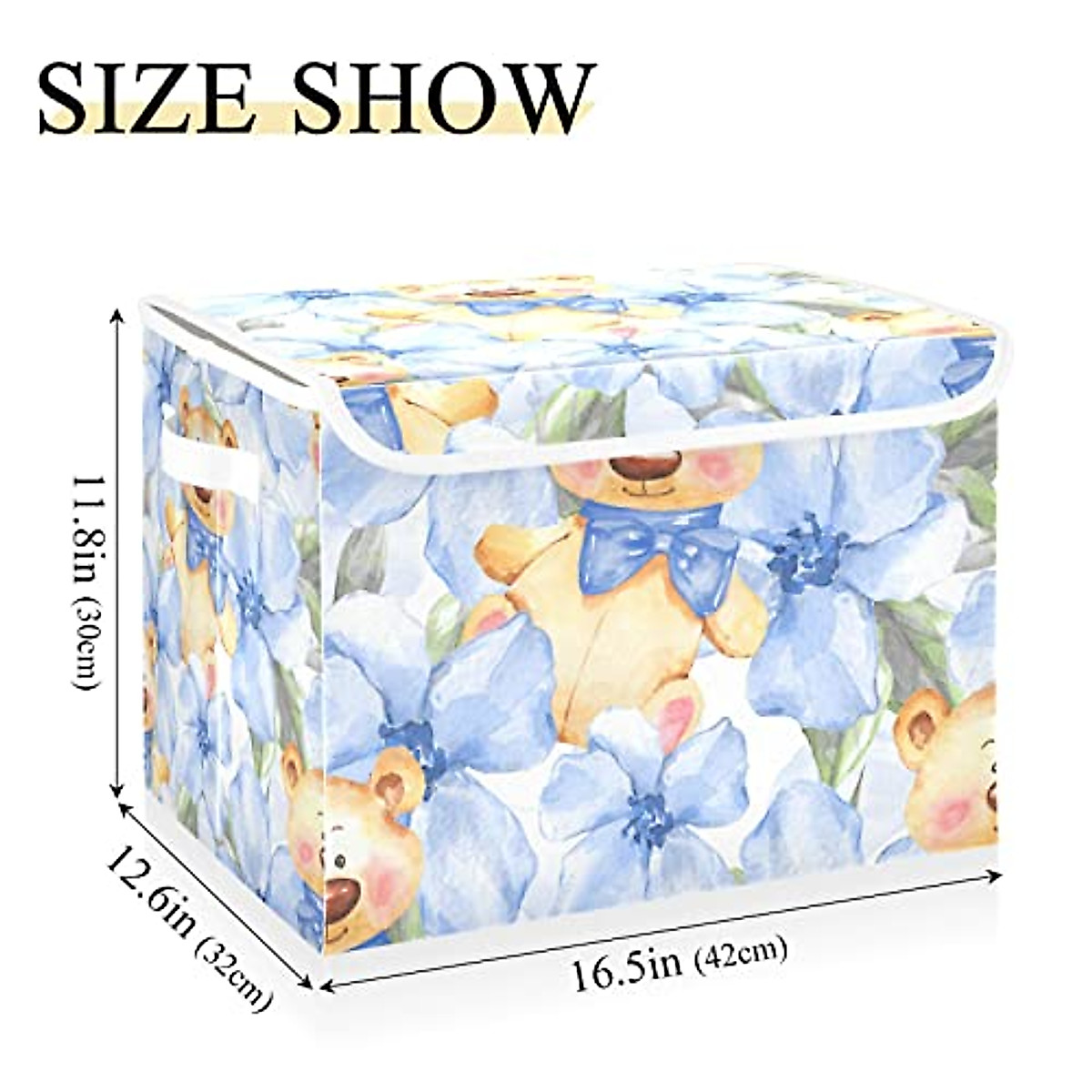 RunningBear Blue Flowers Teddy Bear Large Storage Bins with Lid Collapsible Storage Bin Dog Toy Storage Bin Fabric Storage Baskets for Closet Nursery Cabinet Living Room