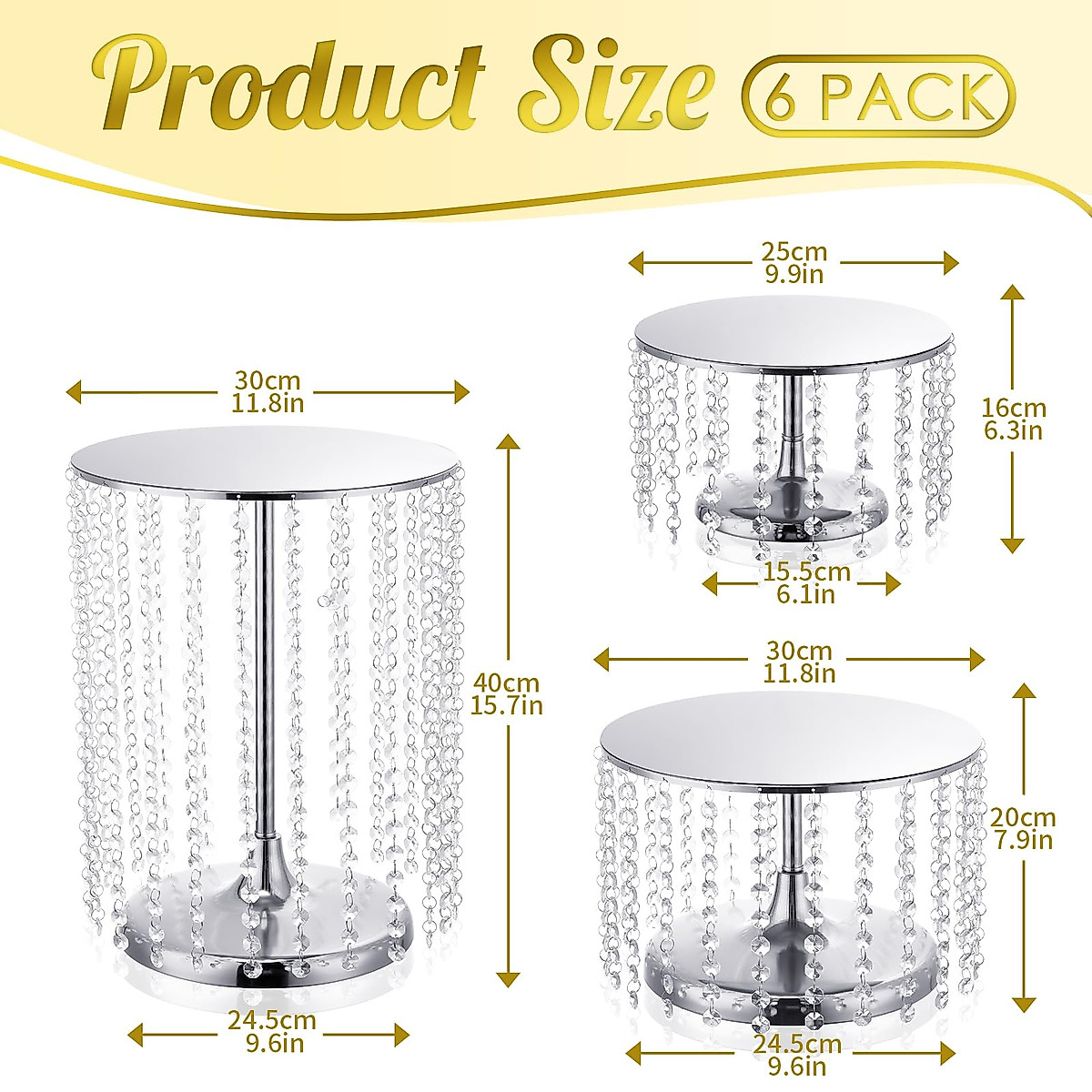 Set of 6 Metal Cake Stands with Crystal Pendant Round Dessert Display Plate Cupcake Holder Pedestal for Wedding Party Birthday Baby Shower Anniversary Celebration Home Decor (Silver)