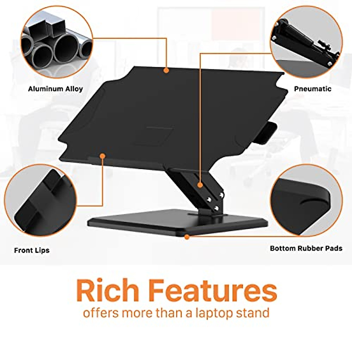 JOY worker Laptop Stand for Desk Adjustable Height, Gas Spring Laptop Holder Riser, Multi-Angle Foldable Aluminum Computer Stand for Laptop, Compatible with Laptops Up to 17 Inch, Black