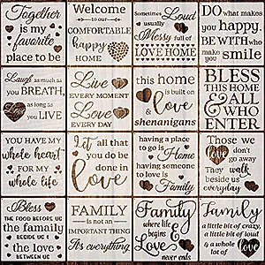 16 Pieces Inspirational Word Stencils Family Sign Stencils Reusable Stencils Love Home Template with Metal Open Ring for Painting on Wood, Porch, Front Door, Wall Decor (11.02 x 11.02 Inch)