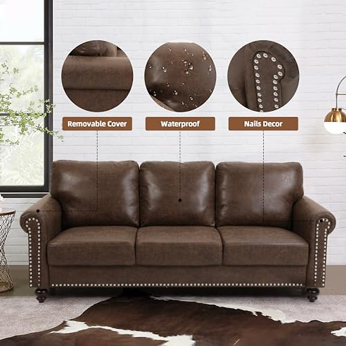 INMOZATA Leather Sofa for Living Room 80 inch Modern Couch, Tufted Cushions Upholstery Leather Couches with Nailhead Trim 3-Seater Sofa for Apartment, Lounge Room,Bedroom,Dark Brown