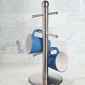 6 Cup Mug Tree Holder Tabletop Coffee Tea Kitchen Storage Rack Silver With Non-Sip Base Drinkware Shelf For Home Kitchen Mug Rack Tree Stainless Steel Countertop Stand Cabinet Holder Shelf Coffee Cup