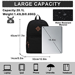 RAVUO School Backpack for Men Women, Water Resistant 15.6 inch Laptop Backpack Bookbags College Daypack Black Backpack School Bag with Side Pockets