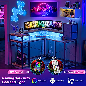 armocity L Shaped Desk with Drawers, Reversible Corner Computer Desk with LED Light & Power Outlet, 55.2'' L-Shaped Gaming Desk with Long Monitor Shelf, Home Office Desk for Small Corner Space, Rustic