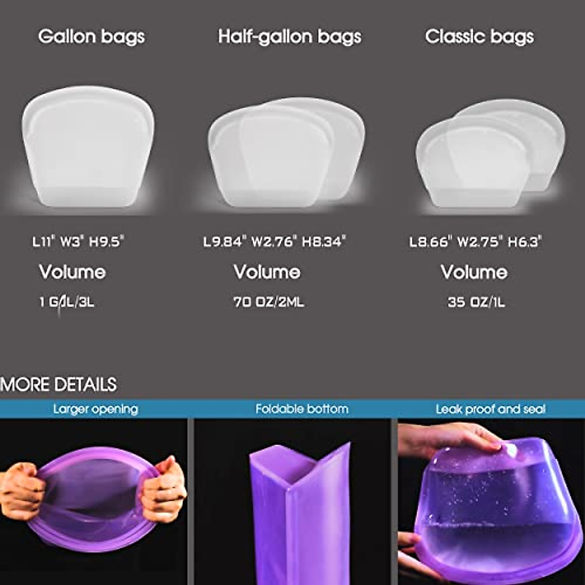 KVK Reusable Silicone Food Storage Bags, 5 Pack Stand Up Resuable Ziplock Bags for Microwave, Oven, Sous Vide, Dishwasher, Gallon Bags, Half Gallon Bags, Leakproof, Upgrade Mega Opening