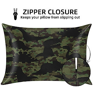 Silk Satin Pillowcase Standard Size for Hair and Skin, Retro Camo Green Animal Dinosaur Cooling Pillow Case with Hidden Zipper Soft Breathable Pillow Cover Gifts for Women Men, 20x26in