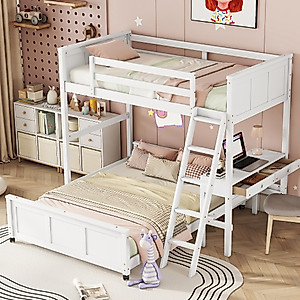 Harper & Bright Designs Twin Over Full Bunk Beds with Desk and Drawers, Wood Twin Size Loft Bed with Removable Full Platform Bed Frame, Bunk Bed with Ladder for Kids Girls Boys, White