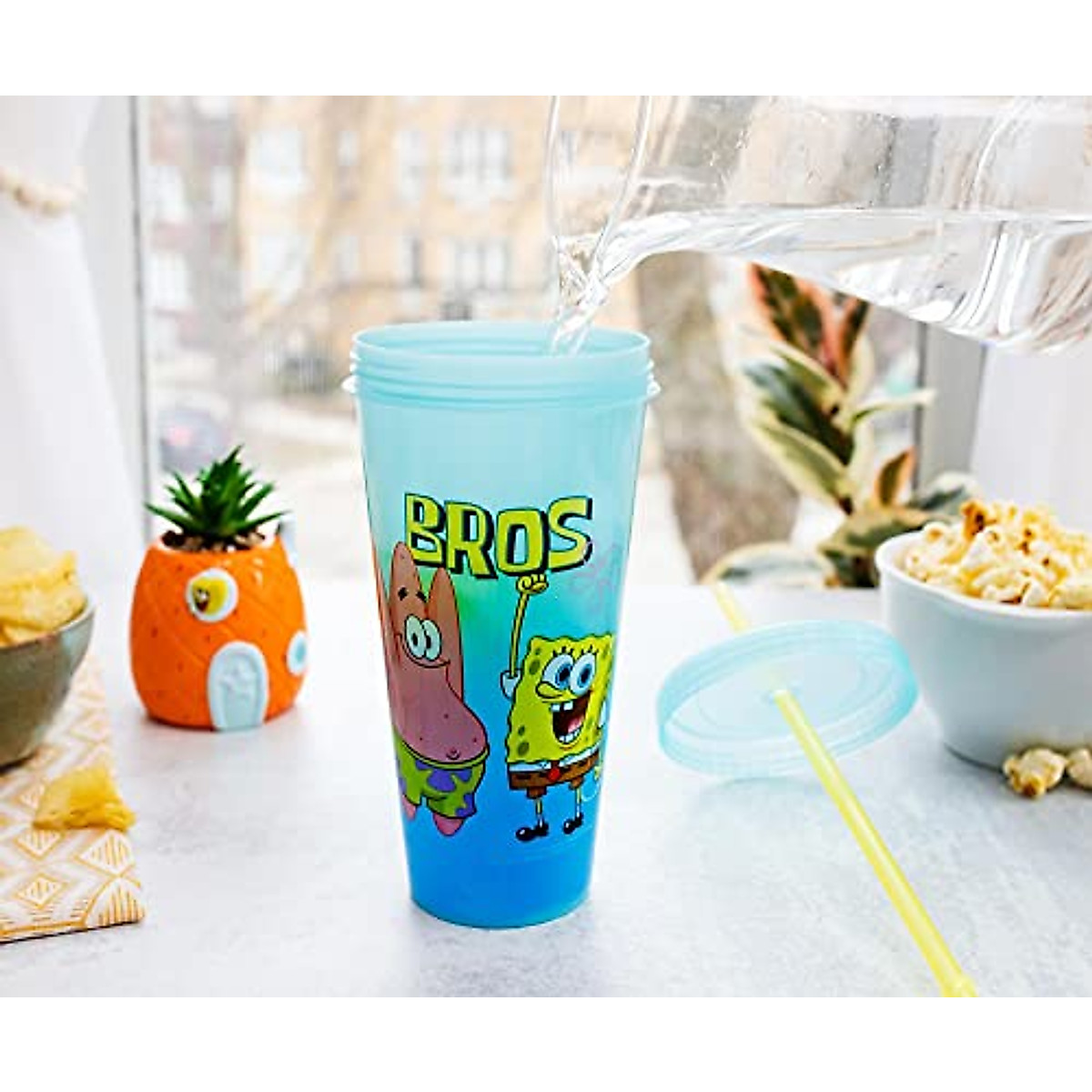 SpongeBob SquarePants "Bros" Color-Changing Plastic Travel Tumbler | Includes Reusable Straw, Leak-Resistant Lid, Fake Ice Cubes | Holds 24 Ounces