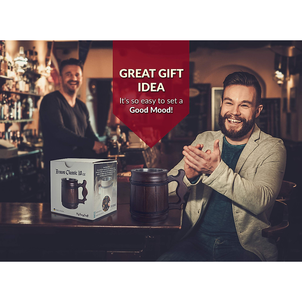 MyFancyCraft Gifts for Men Handmade Beer Mug Oak Wood Stainless Steel Cup Box Natural 0.3L 10oz Classic Brown