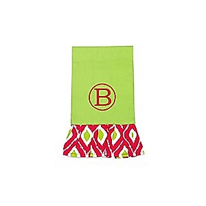 Drama Décor Personalized Green Hand Towel with Red & Green Ikat Trim, Monogramed Hand Towel