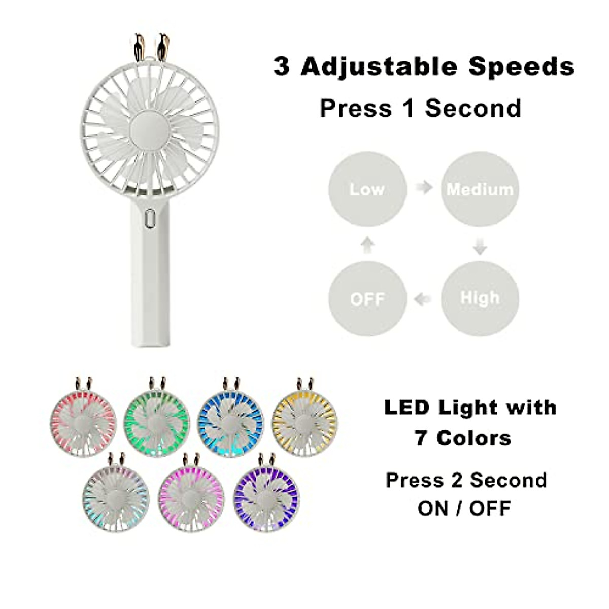 Mini Handheld Fan, 3 in 1 Small Fan with 7 Colors LED Lights, 3 Adjustable Speeds, Rechargeable Battery Operated Fan for Kids, Girls and Women Outdoors or Home Office Use.