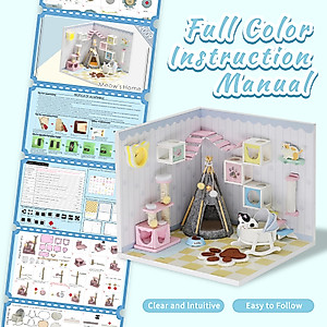 Kisoy Dollhouse Miniature with Furniture Kit, DIY 3D Wooden DIY House Kit A Corner of a Small Apartment Style with Dust Cover & LED,Handmade Tiny House Toys for Kids Adults Gift (Pet Room)