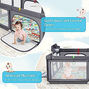 Costzon Large Baby Playpen with Mat, Playpen for Babies and Toddlers w/Basketball Hoop & Soccer Nets, Pull Rings & Ocean Balls, Zippered Gates, Portable Indoor Safety Sturdy Play Yard (Dark Gray)