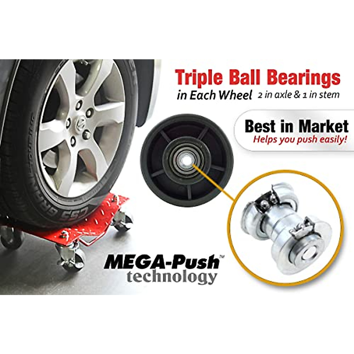 4 Tire Car Wheel Dolly Heavy Duty MEGA-Push Skates Triple Ball Bearings with Brakes 6000 lb Capacity Red