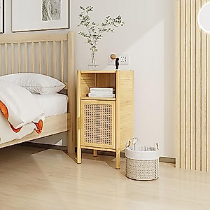 INMOZATA Bamboo Nightstand 1 Door Cabinet, Rattan Bedside Tables with Open Shelf, Natural Rattan Nightstand for Bedroom