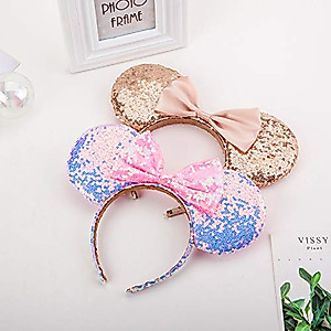 Sparkled Halloween Minnie Ears headband, RAZKO Girls Sequin Halloween Mickey Ears Headband Mouse Ears Headband for Cosplay Costume Glitter Party Hot Princess Decoration and Birthday Party(Purple&Gold)