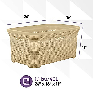 Designed Laundry Basket Plastic Storage Hamper Basket, Beige Cloths Basket Organizer with Cut-Out Handles. Space Saving for Laundry Room Bedroom Bathroom, Wicker Design 50 Liter